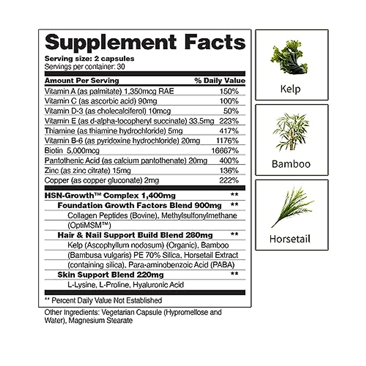 Snap Supplements Hair, Skin and Nails Vitamins, Support Hair Growth, Nourish Skin and Nails with Biotin, Collagen, Kelp, Bamboo and Other Vitamins, Radiant Skin, Strong Hair and Nails, 60 Capsules