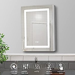 DURLDENG Lighted Medicine Cabinet with Outlet，20x26 Inch Recessed Or Surface Bathroom Medicine Cabinet with Mirror Lights,Led Lighted Medicine Cabinet Mirror Wall Mounted,Anti-Fog,Dimmable,3 Shelves