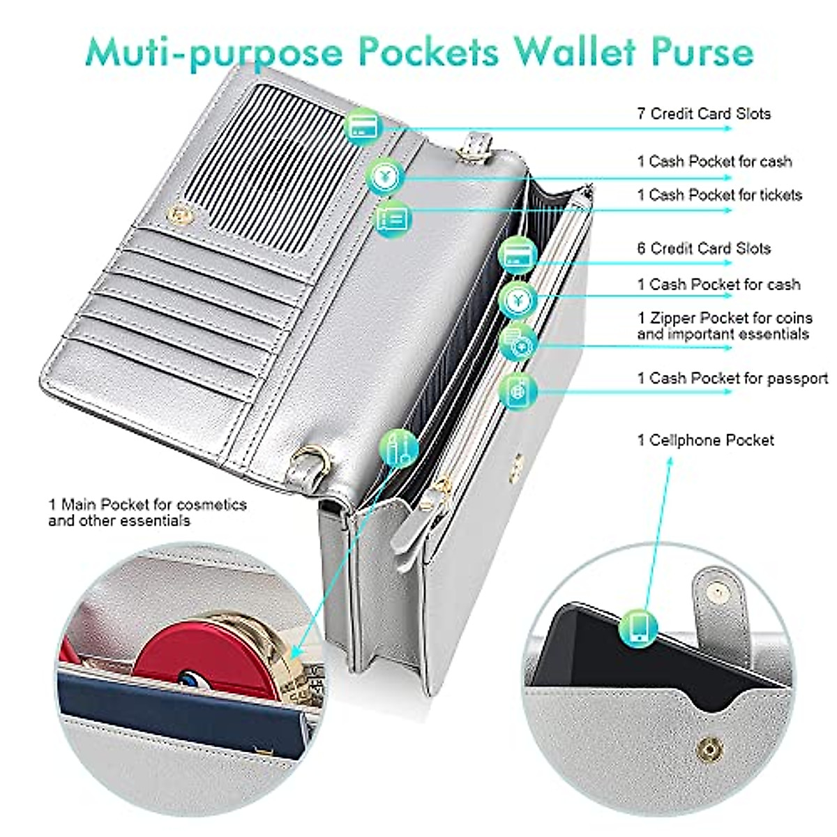 nuoku Women Small Crossbody Bag Cellphone Purse Wallet with RFID Card Slots 2 Straps Wristlet, M Size Silver