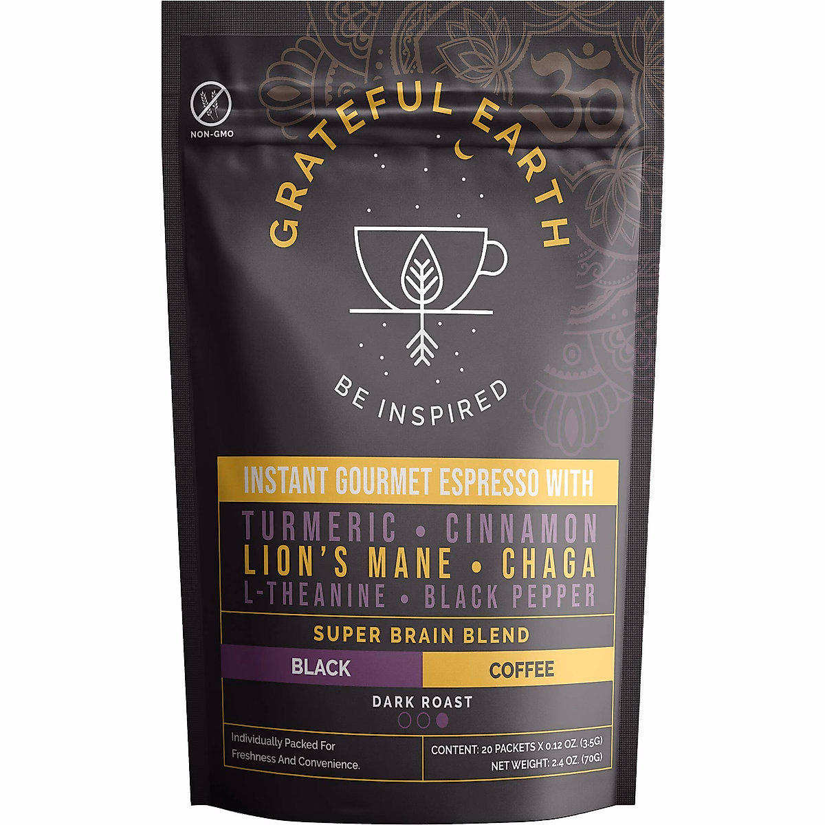 Grateful Earth Super Brain Blend Instant Gourmet Espresso Black Coffee with Nootropics 20 Packets Microground Robusta and Arabica Coffee with Turmeric, Cinnamon, Black Pepper