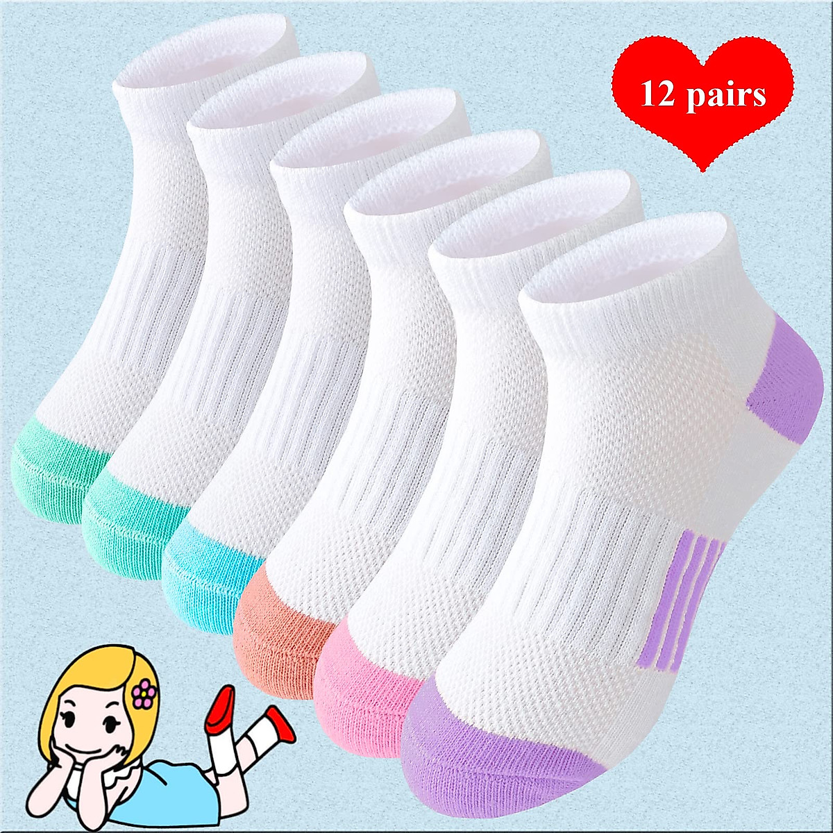 Bemeol Girls Socks 12 Pairs Ankle Athletic Socks Cotton Sports Socks For Little Big Kids(7-10 Years)