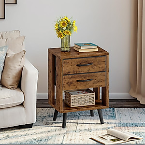 GYIIYUO Nightstands Set of 2 with 2 Fabric Storage Drawers and Open Wood Shelf, Side Table with Storage for Bedroom, Night Stand with Drawer for Bedroom, Bedside Tables - Rustic Brown