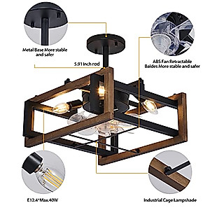 Hoeuns Low Profile Farmhouse Wood Ceiling Fan with Light and Remote Control for Bedroom Living Room Kitchen