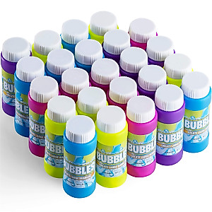 Party Bubbles for Kids - (Bulk Pack of 24) 2-oz Bubbles Bulk Solution with Bubble Wands Assorted Neon Colors for Outdoor Toys Summer Games, Birthday Kids Party Favors, & Goodie Bags Stuffers for Kids