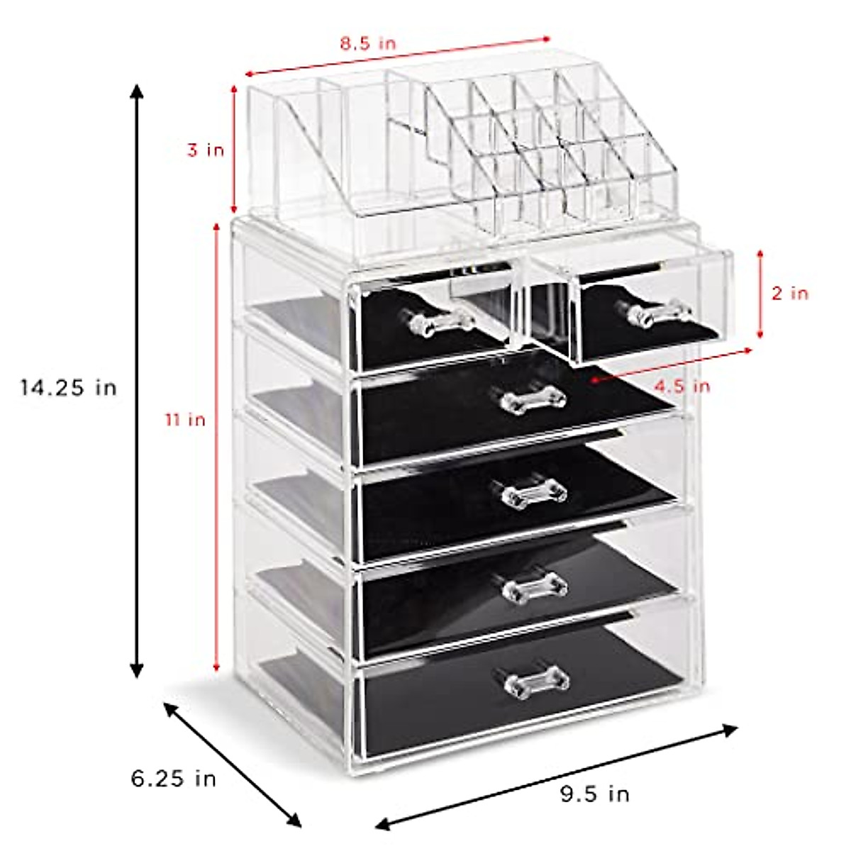 Sorbus Clear Cosmetic Makeup Organizer - Make Up & Jewelry Storage, Case & Display - Spacious Design - Great Holder for Dresser, Bathroom, Vanity & Countertop (4 Large, 2 Small Drawers)