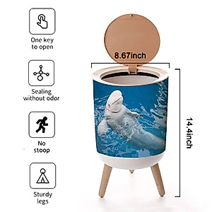 JWHFZMANPYK Round Trash Can with Lid Beluga Whale Press Top Recycle Bin Small Garbage Can Dog Proof Wastebasket Wooden Legs Bathroom Kitchen 7L/1.8 Gallon