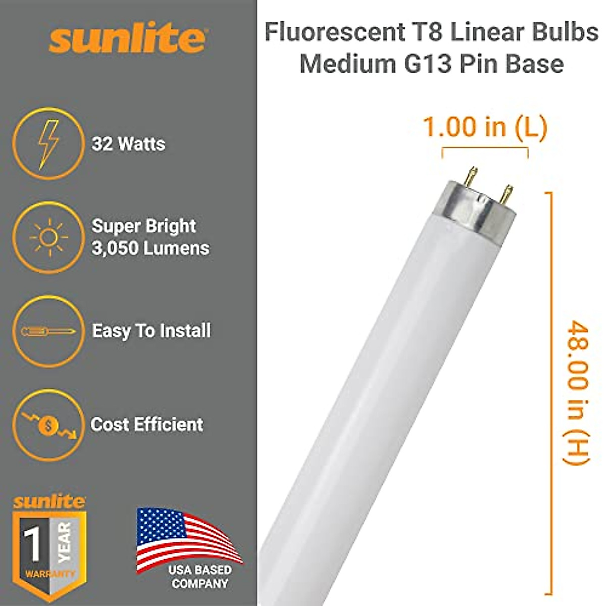 Sunlite 30195 T8 Linear Fluorescent Lamp, 32 Watts, 3050 Lumens, F32T8/SP841, 4100K Cool White, Medium G13 Bi Pin Base, High Performance Straight Tube, 30 Pack