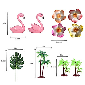 Flamingo Cake Toppers Artificial Flower Palm Leaves Cake Decoration for Birthday Summer Tropical Hawaiian Themed Party Supplies (Two Flamingo)