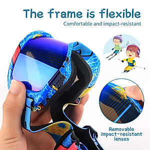 Kids Ski Goggles, OTG Kids Snow Goggles Anti Fog UV Protection Double Layer Lenses Snowboard Goggles, Helmet Compatible Goggles for Boys Girls Toddler Youth