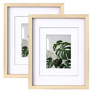 Egofine 11x14 Picture Frames Natural Wood 2 PCS Made of Solid Wood Covered by Plexiglass - for Table Top and Wall Mounting for Pictures 8x10 or 5x7 with Mat Horizontally or Vertically Display Photo Frame