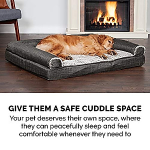 Furhaven XL Orthopedic Dog Bed Luxe Faux Fur & Performance Linen Sofa-Style w/ Removable Washable Cover - Charcoal, Jumbo (X-Large)