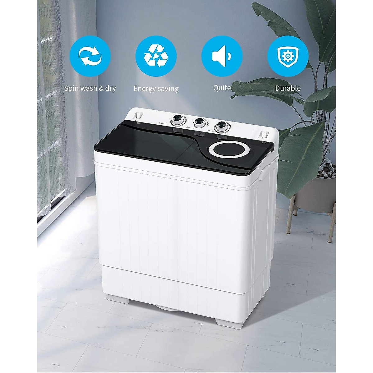 Bonnlo 26lbs Portable Washing Machine, Compact Mini Washer, Twin Tub Washer and Dryer Combo; 18LBS Washer & 8LBS Spin Dryer for Apartment, Dorms, RVs, Camping and More (Black)