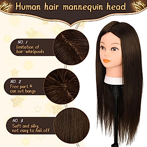 Mannequin Head with 70% Human Hair, Yofuly 26" Dark Brown Real Human Hair Training Head, Cosmetology Doll Head with Clamp Holder & Tools, Practice Doll Head for Hair Styling, Braiding, Curling,Cutting
