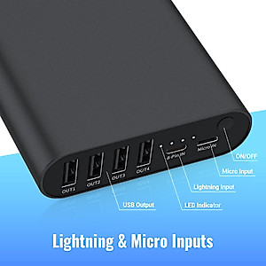 BONAI Portable Charger 20000mAh Power Bank 4 USB Output & Dual Input, Aluminum Polymer External Battery Pack for Road Trip Camping Compatible with iPhone iPad Samsung Smartphone Tablet etc. - Black