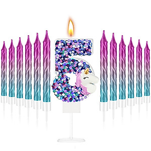 MTLEE Unicorn Birthday Candle Glitter Number Candle Unicorn Cupcake Toppers with 12 Pcs Numeral Rainbow Spiral Candle Purple Birthday Cake Candles for Baby Girl Boy Birthday Unicorn Party (Number 5)
