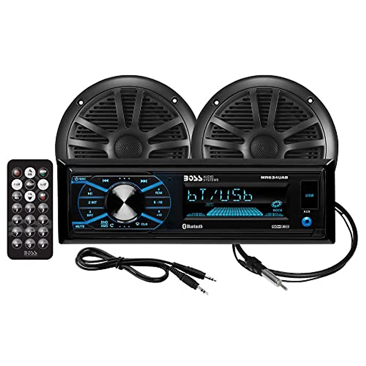 BOSS Audio Systems MCBK634B.6 Weatherproof Marine Receiver Speaker Package - MR634UAB Receiver, USB, AM/FM Radio, No CD Player, Bluetooth Audio, Two MR6B 6.5 Inch Speakers, MRANT10 Dipole Antenna
