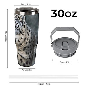 BWQJKUO Large Capacity Car Cup 30 Oz Stainless Steel Snow Leopard Printed Travel Mug Leak-proof Flip Straw Tumbler with Handle,keeps Cold Or Ho