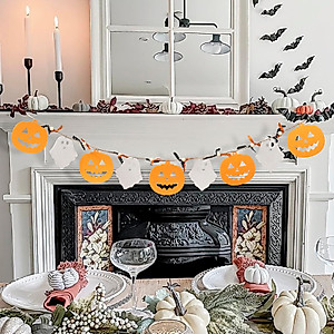 Halloween Decorations-Felt Pumpkin Ghost Wood Beads Garland for Halloween Decorations Indoor-Pumpkin Ghost Garland Banner for Home Party Fireplace Mantle Windows Decor
