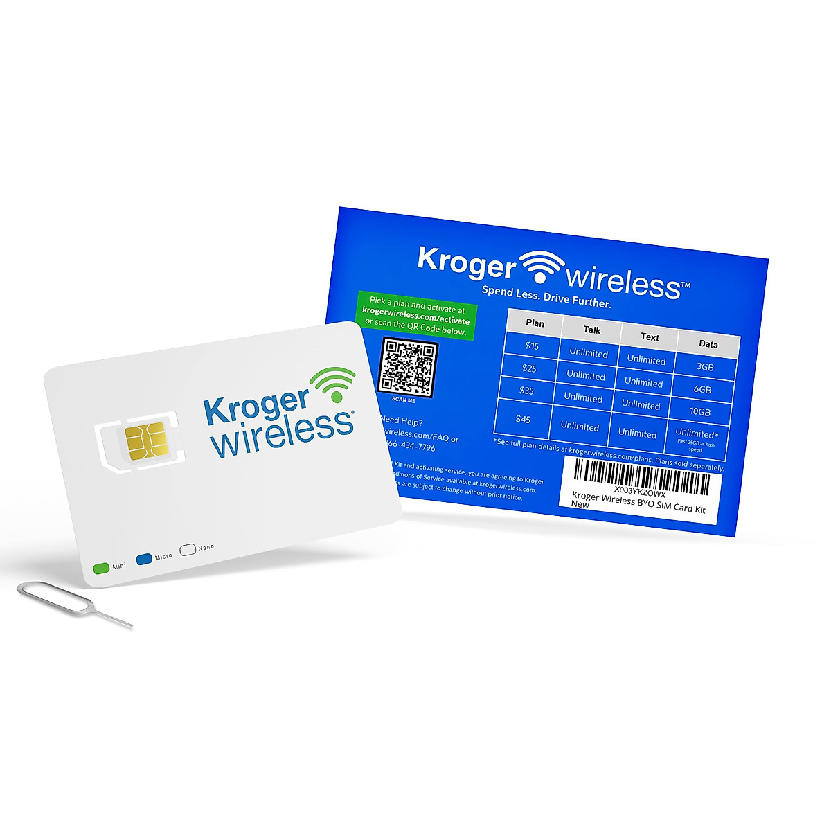 Kroger Wireless Prepaid SIM Card with Removal Tool for 4G LTE or 5G Phones, Unlimited U.S. Cell Phone Plans from $15 per Month with Text, Talk, and Data, Includes 4X Fuel Points