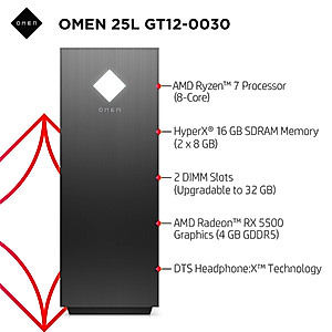 OMEN - GT12-0030 25L Gaming Desktop PC, AMD Radeon RX 5500, AMD Ryzen 7 3700X, HyperX 16GB DDR4 RAM, 512GB PCIe NVMe SSD, Windows 10 Home, VR Ready, RGB Lighting (GT12-0030, 2020 Model) Shadow Black