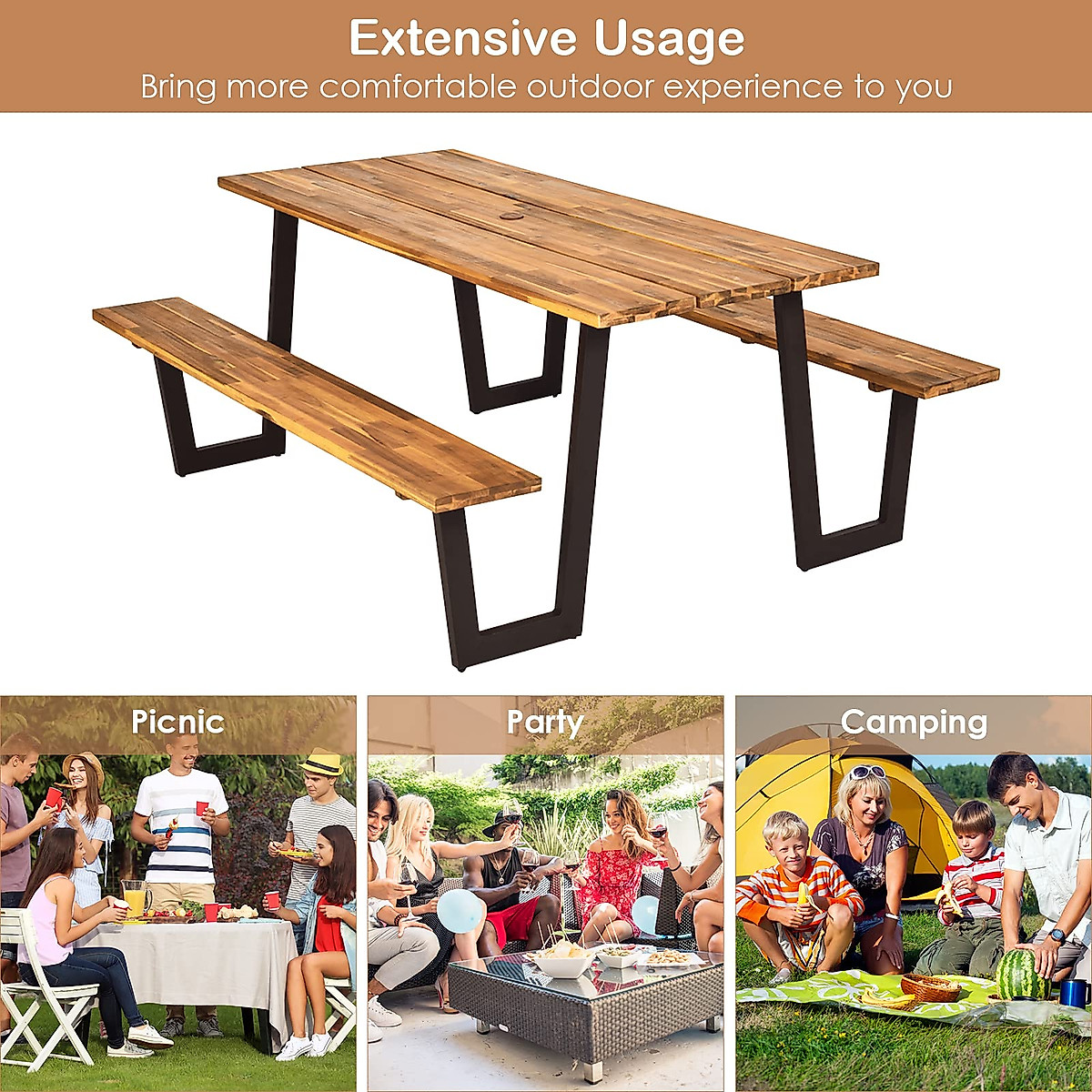 HAPPYGRILL Outdoor Picnic Table Bench Set with Wooden Top & Steel Frame, Patio Dining Picnic Table Set with Umbrella Hole for Garden Backyard