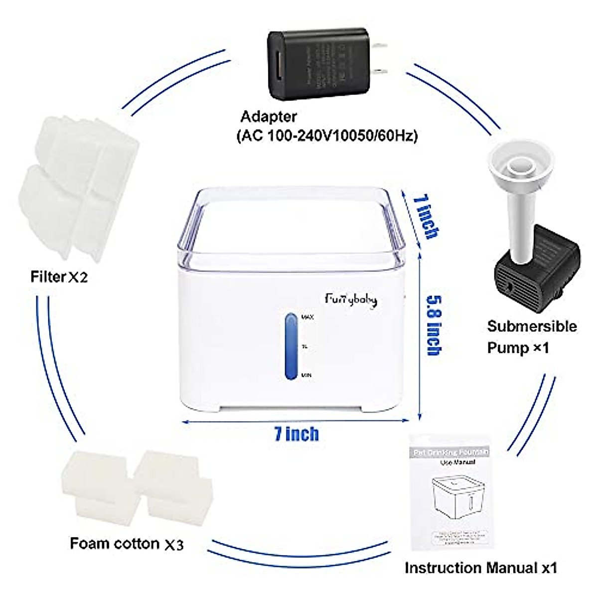 furrybaby Cat Drinking Water Fountain, LED Automatic Pet Water Dispenser with Water Level Window 2L Ultra Quiet Indoor Intelligent Pet Fountain for Cats, Dogs with 2 Filters, White (2L, Pure White)