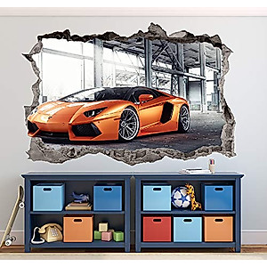 Lamborghini Wall Decal Smashed 3D Graphic Wall Sticker Art Mural Poster Kids Room Decor Gift UP29 (36"W x 24"H)