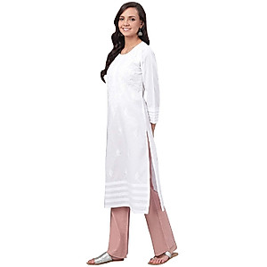 Ada Hand Embroidered Indian Chikankari Cotton Kurta Kurti Tunic for Women A149984 (White, Small)
