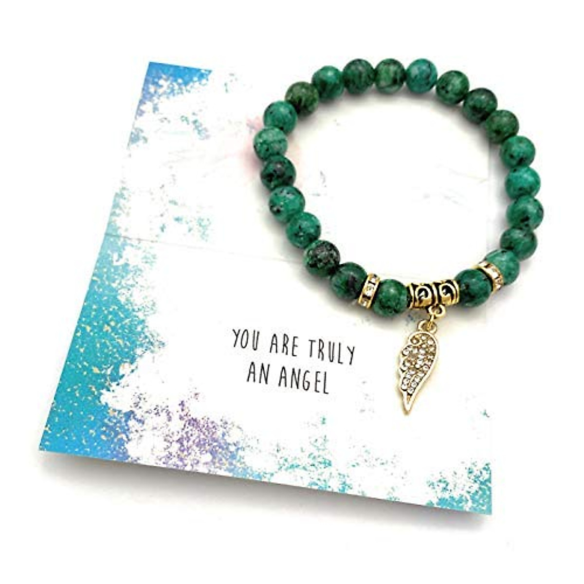 Smiling Wisdom - Angel Wing Appreciation Kindhearted Thank You Keepsake Greeting Card and Stretch Stone Bracelet - Green Rain Flower Stones - 7.5 inches Medium