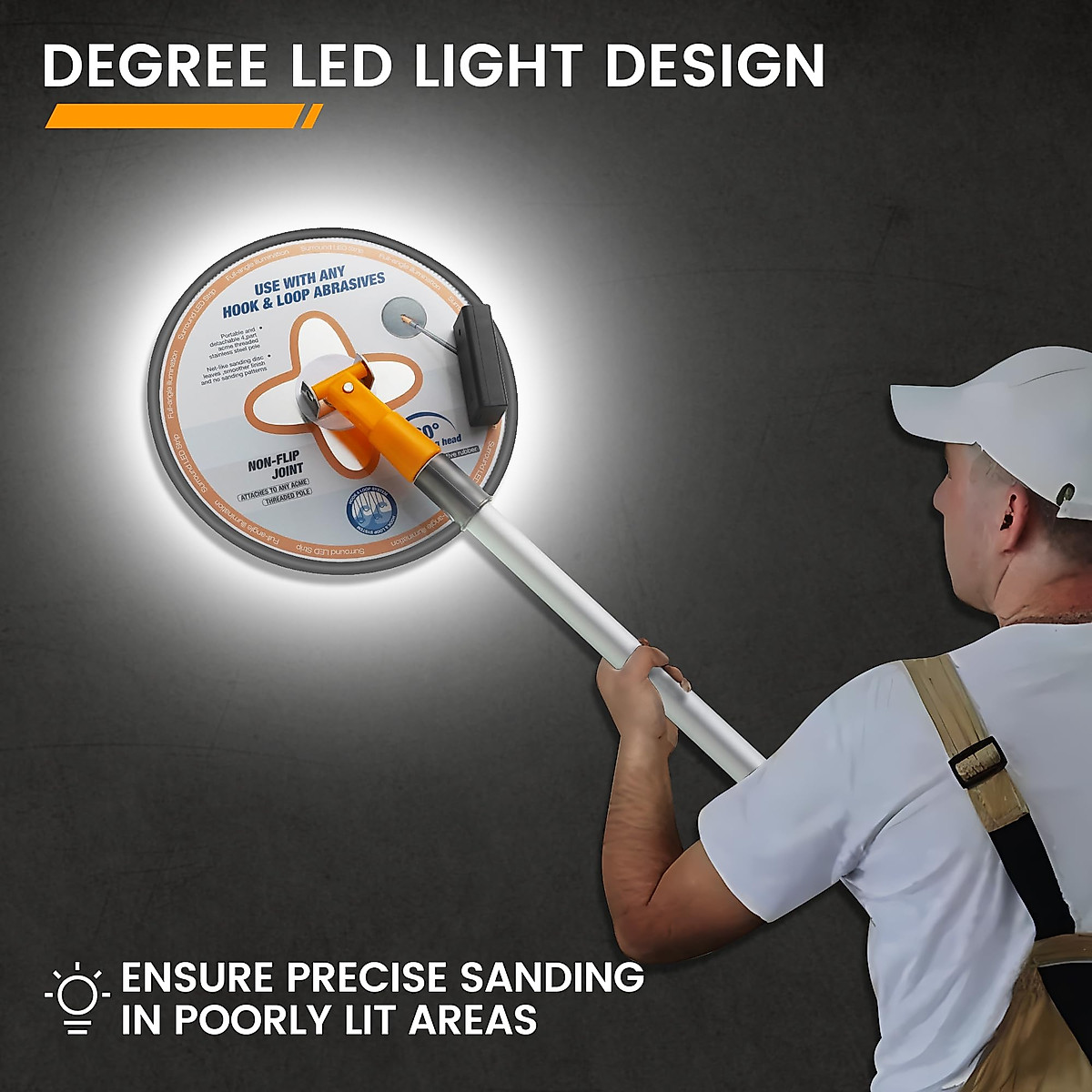 Hohean 9 Inch Drywall Sander with LED Light, Radial Sander with 360 Degree Rotary Round, Drywall Handing Pole Sander for Wall Cleaning and Polishing, Circular Ceiling Sander for Dry Wall and Painting