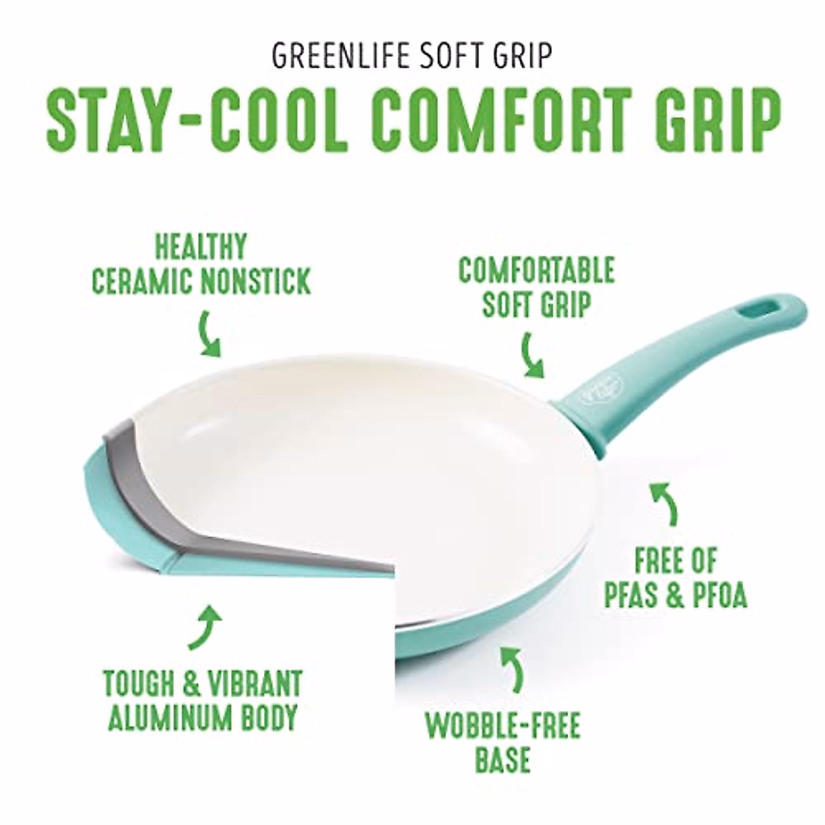 GreenLife Soft Grip Healthy Ceramic Nonstick 16 Piece Kitchen Cookware Pots and Frying Sauce Pans Set, PFAS-Free, Dishwasher Safe, Turquoise