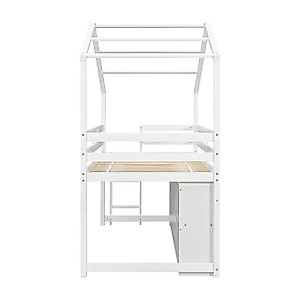 Twin Size House Loft Bed with Roof Frame, Under Bed Shelving Storage Unit, Solid Wood Loft Bed Frame with Ladder and Guardrails for Kids Teens Boys Girls, No Box Spring Needed (White)