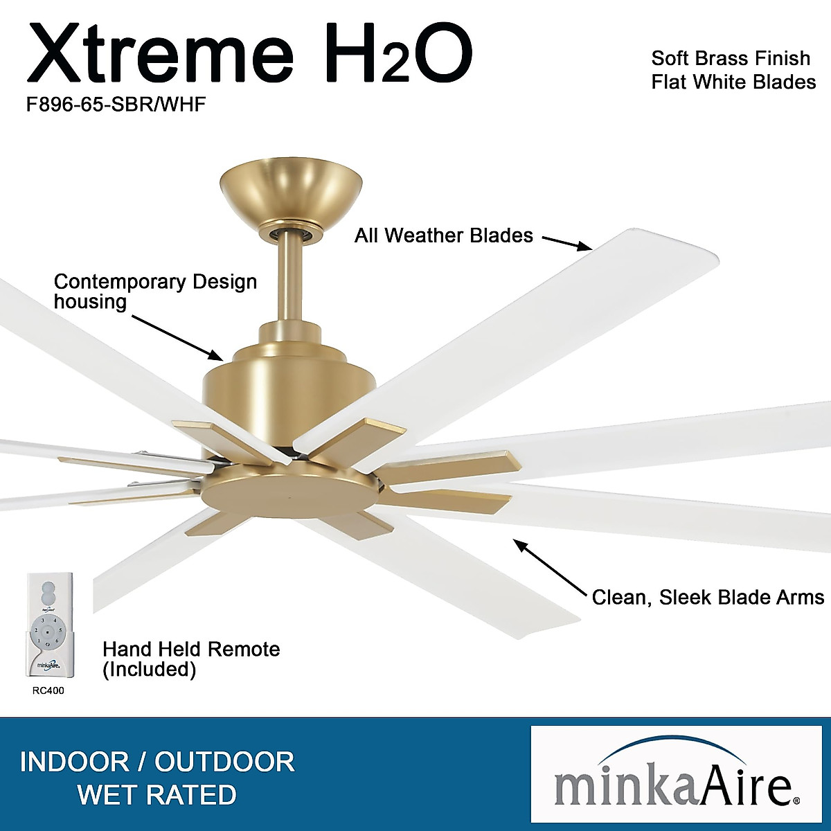 MINKA-AIRE F896-65-SBR/WHF Xtreme H2O 65 Inch DC Motor Outdoor Ceiling Fan with Remote Control in Soft Brass Finish with Flat White Blades