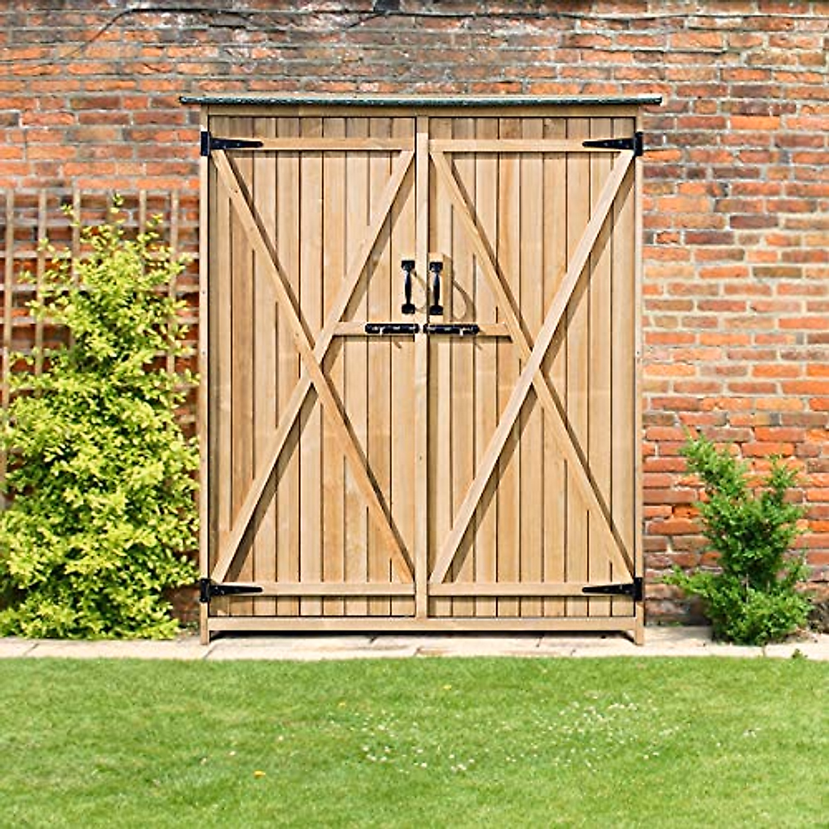 Goplus Outdoor Storage Cabinet, Wooden Garden Shed with Double Lockable Doors & Lean-to Roof, Vertical Tool Organizer for Backyard Patio Deck