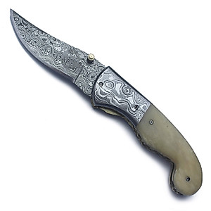 WolfKlinge Handmade Damascus Folding Pocket Bowie Knife for Edc,Hunting,Survival,CampingBushcraft,Skinning and Fishing with Full Tang Camel Bone Handel and Cowhide-Leather Sheath For Men and Women (DCF26 - Typhoon)