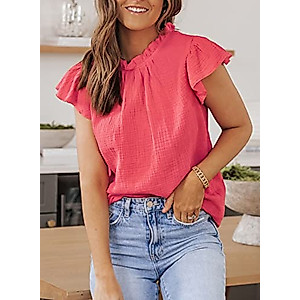 Dokotoo 2023 Stylish Ladies Tops and Blouses Solid Cotton Causal Crewneck Smocked Ruffle Short Sleeve Shirts Comfy Loose Fit Tunic Summer Sexy Tops for Women Rose M