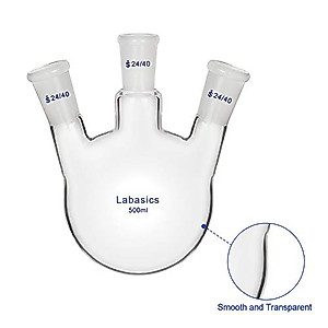 Labasics Glass 500ml 3 Neck Round Bottom Flask RBF, with 24/40 Center and Side Standard Taper Outer Joint, 500ml