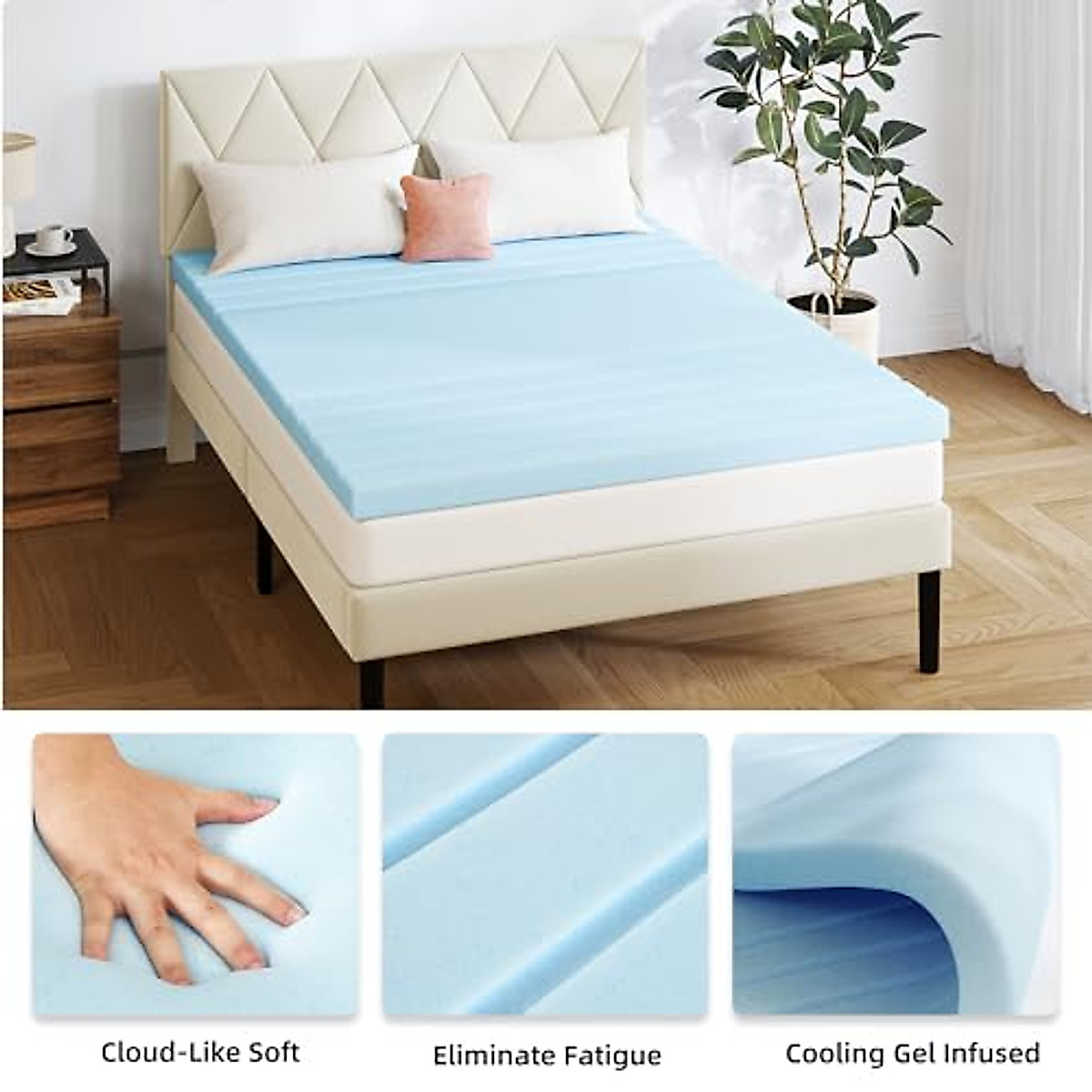 DWVO Basic 2 Inch Queen Cooling Gel-Infused Memory Foam Mattress Topper, 3-Zone Ventilated Design Bed Topper Revitalizes Old Mattress Comfort for Back Pain, RV Outdoor Camping, CertiPUR-US, Blue