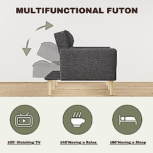 Senfot Sofa Couch, 78”W Sleeper Sofa Bed, Linen Futons with Upholstered Button Tufted Design, Convertible Futons with Thickened Wood Leg for Living Room, Bedroom and Office in Dark Grey