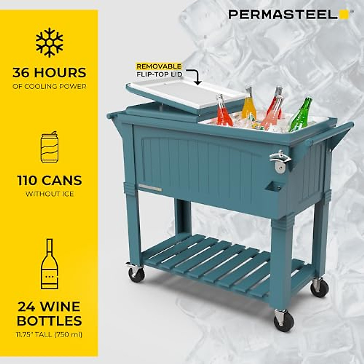 Permasteel 80-Qt Antique Patio Cooler for Outside | Outdoor Beverage Cooler Bar Cart, Rolling Cooler with Wheels and Handles, Wooden Teak Accent, Teal Blue-Green