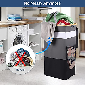 Laundry Hamper with Lid Large Clothes Basket with Bamboo Handles and Removable Bag Tall Foldable Laundry Basket for Bedroom, Bathroom, Dorm, Laundry Room(100L)
