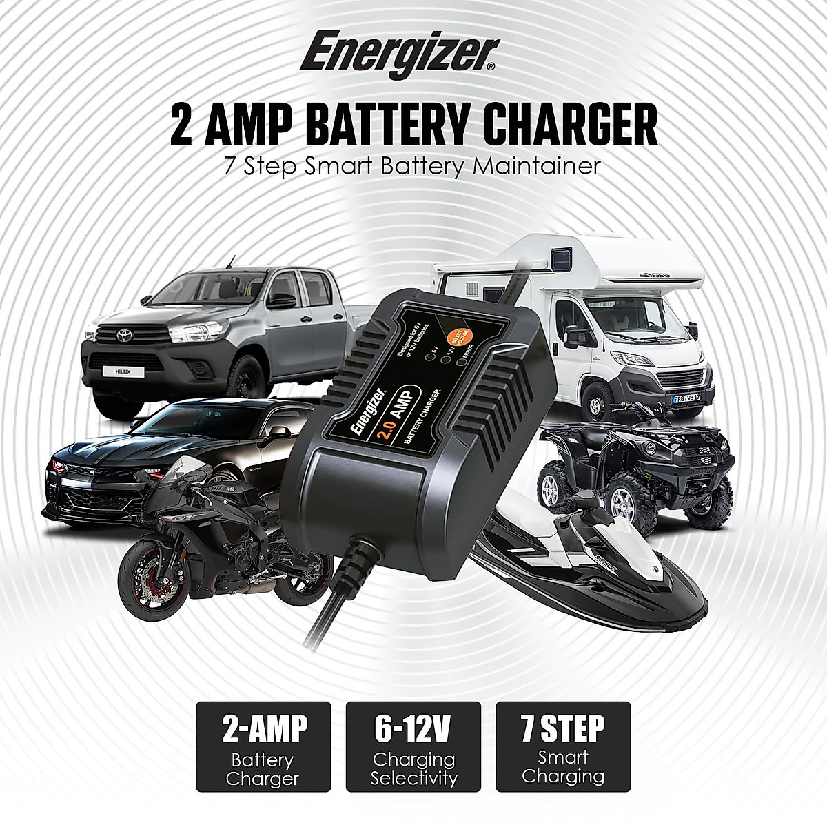 Energizer 2-Amp Battery Charger/Maintainer, 9-Step Smart Battery Car Charger, LCD Display, 6V/12V Voltage Detection for Auto, Motorcycle, RV, Boat,SUV