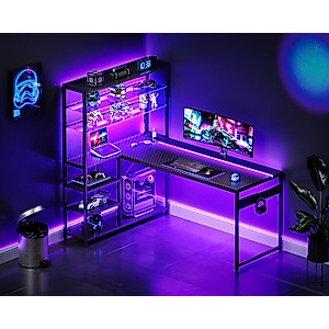 MOTPK L Shaped Gaming Desk, Reversible Computer Desk with Power Outlet, Gaming Table with LED Lights, L Shaped Desk with Glass Display Storage Shelves, Glass Desk Office Desk