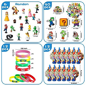 124P Mario Party Favors Kit, Wario Mario Theme Party Supplies Include Mario Masks Wristband Character Mario Stickers Treat Bags Blowouts Good for Play Games For Boys or Girls, Birthday Gifts