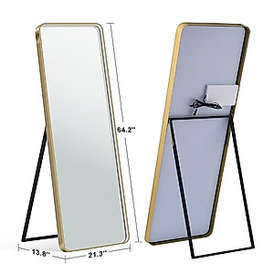 SDHYL Full Length Mirror with Lights, 64"x20" LED Mirror Full Length with Stand, Full Body Mirror with Touch Button and Plug, Dimmable Brightness Dressing Mirror for Living Room, Round Coner, Gold