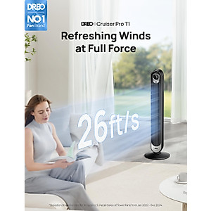 Dreo Tower Fan 42 Inch, Cruiser Pro T1 Quiet Oscillating Bladeless Fan with Remote, 6 Speeds, 4 Modes, LED Display, 12H Timer, Black Floor Standing Fan Powerful for Indoor Home Bedroom Office Room