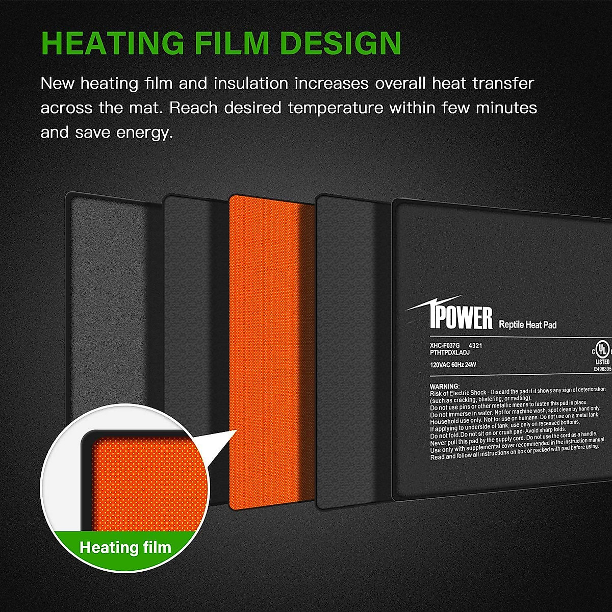 iPower 8 by 18-Inch 24 Watts Reptile Heating Mat with Temperature Controller Under Tank Warmer Terrarium Heat Pad for Reptiles and Amphibians, Black