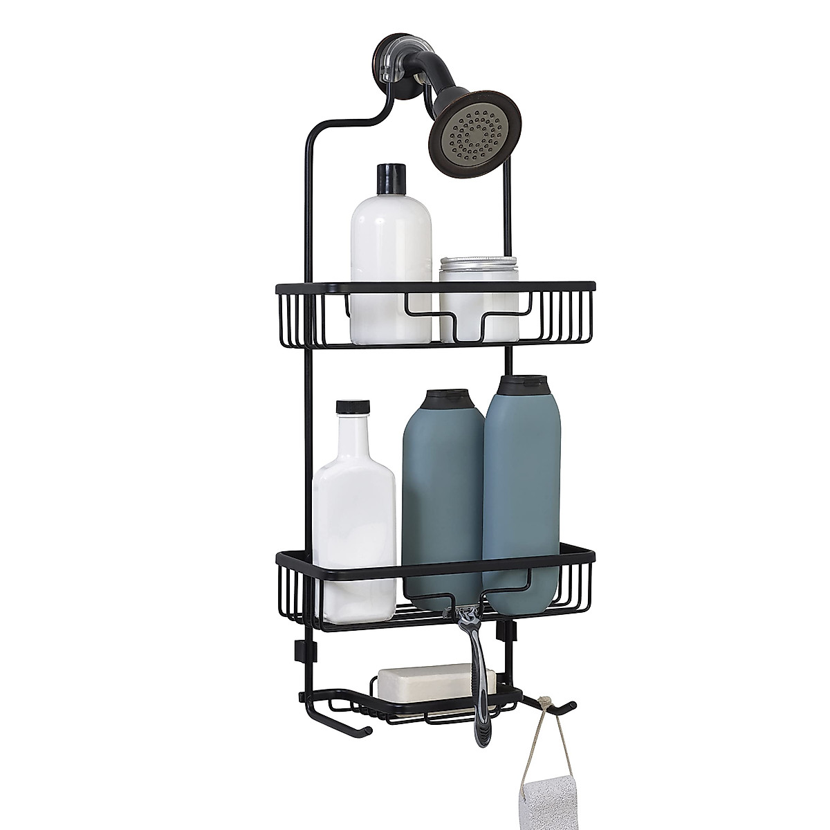 Zenna Home Rustproof Shower Caddy Hanging Bathroom Organizer, Aluminum Shower Rack with 2 Shelves and Built in Hooks, Premium Over Shower Head Storage System, Black