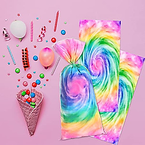 GITMIWS 100 Pieces Tie Dye Cellophane Bags, Rainbow Color Cellophane Goodie Bags for Birthday Treat Bags, Party Favor Bags for Kids, Tie Dye Party Supplies, Tie Dye Birthday Party Decorations