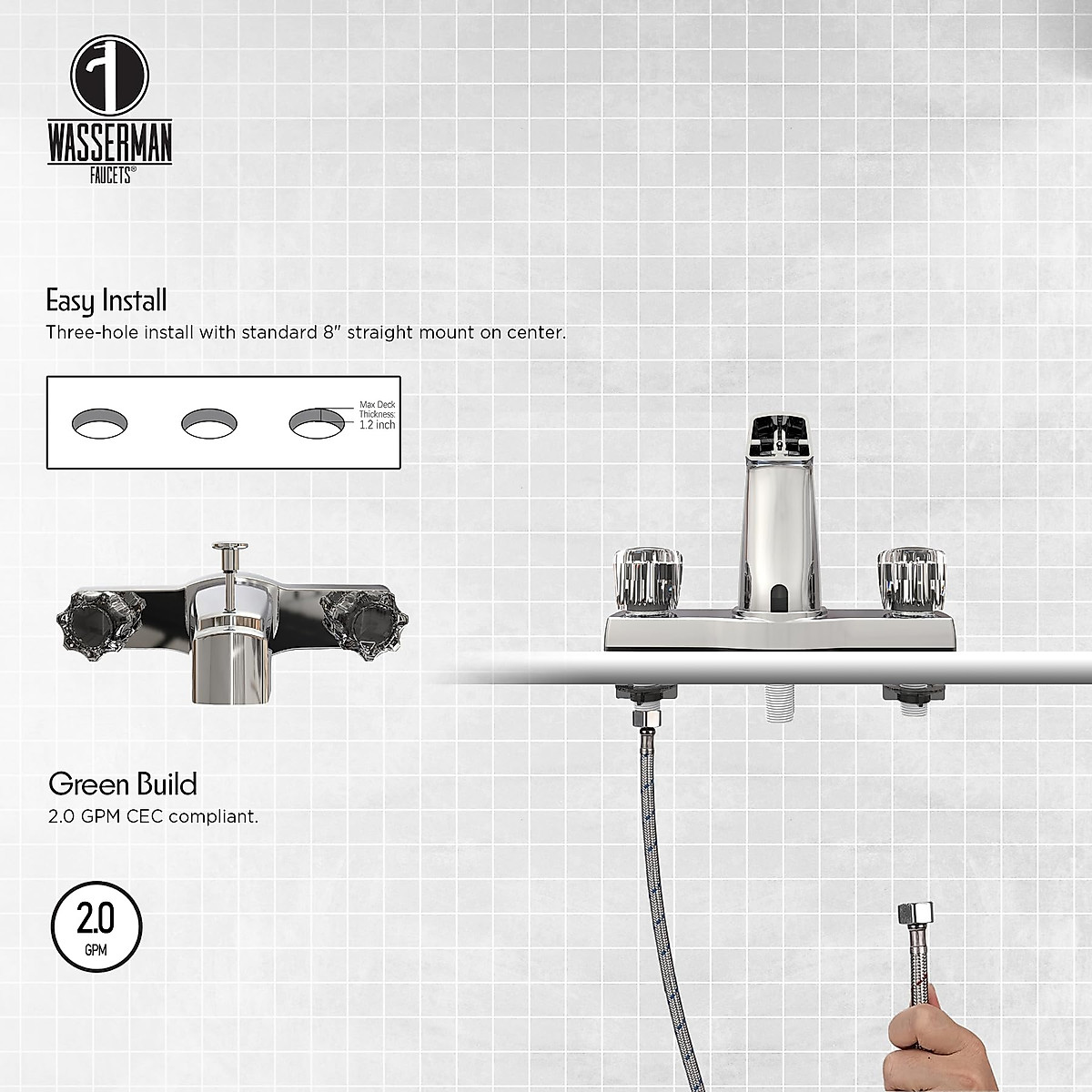 Wasserman Mobile Home RV Non-Metallic Shower Tub Faucet spout, Double Handle, Acrylic Knob, Chrome, 8 inch Centerset, 3 hole, For Travel Trailer, Campers Must Haves, Motorhome Accessories Easy Install